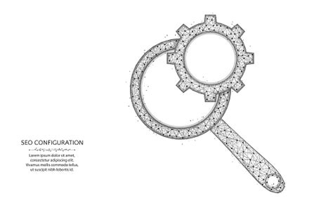 돋보기 및 톱니 바퀴 낮은 폴리 디자인 Loupe 및 기어 추상 기하학적 이미지 Seo 구성 와이어 프레임 흰색 배경에 포인트와 선으로 만든 다각형 벡터 그림 개념에 대한