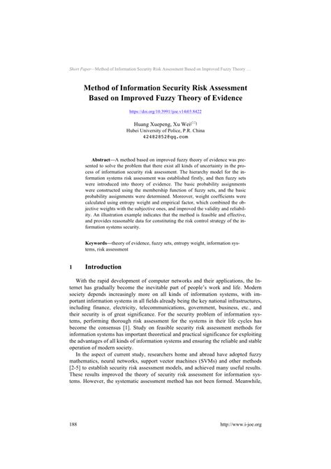 Pdf Method Of Information Security Risk Assessment Based On Improved Fuzzy Theory Of Evidence