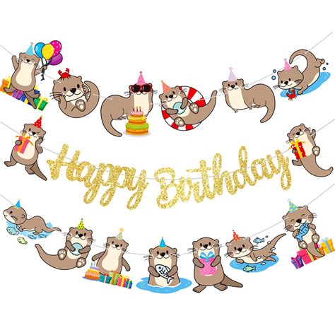 Sea Otter Birthday Banner Decorations Gold Cute Otter Happy
