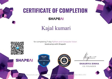 Kajal Singh On Linkedin Python Computervision Bootcamp Shapeai Community Certificate