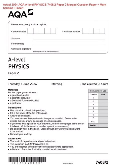 2024 Aqa A Level Physics 7408 2 Paper 2 Question Paper And Markscheme Merged June 2024 [verified