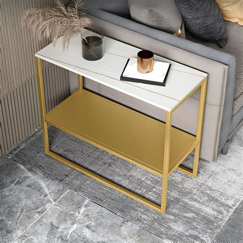 Modern Metal Frame End Table Rectangular Stone Top Side Table 1 26l X 12w X 22h White Black