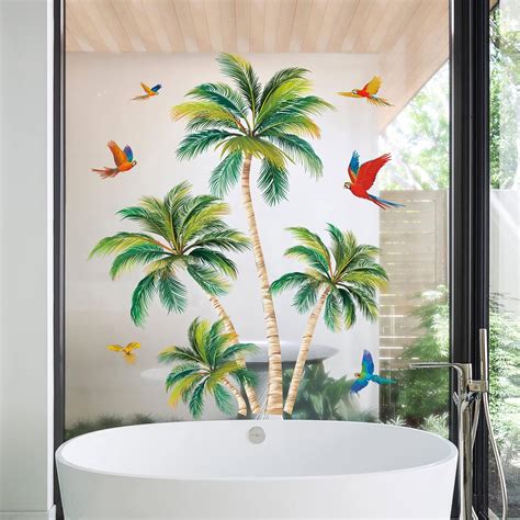 Wondever Tropical Summer Window Stickers Palm Tree Birds Window Decals