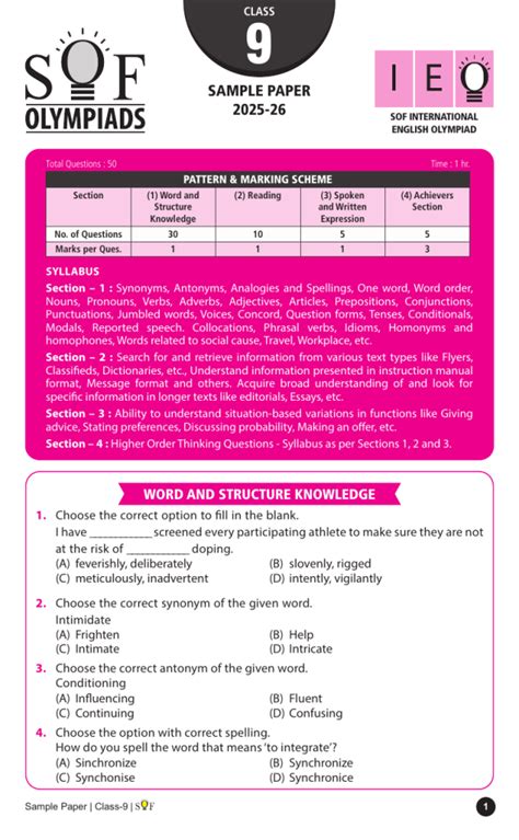 Sof International English Olympiad Class 9 Sample Paper 2025 26
