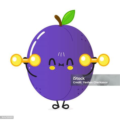 덤벨과 귀여운 재미있는 매화 캐릭터 벡터 손으로 그린 만화 카와이 캐릭터 일러스트 레이 션 아이콘 흰색 배경에 고립되어 있습니다 매화 캐릭터 체육관 개념 개념에 대한 스톡