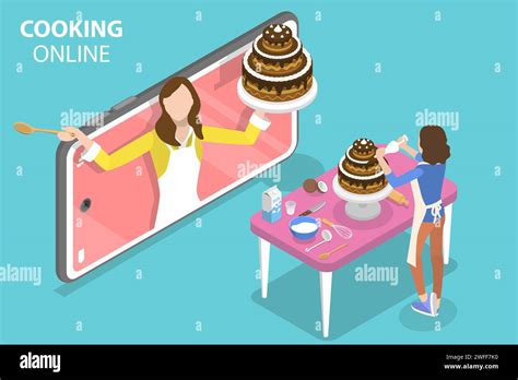 3d Isometric Flat Vector Concept Of Online Cooking Vlog Livestream