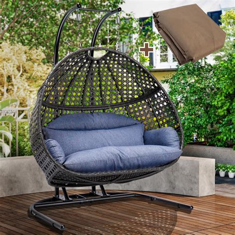 Double Hanging Egg Chair Swing 2 People Heavy Duty Hanging Wicker Rattan Swing