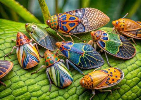 Colorful Planthopper Community On Vibrant Leaf A Closeup Exploration Of Insect Diversity Stock