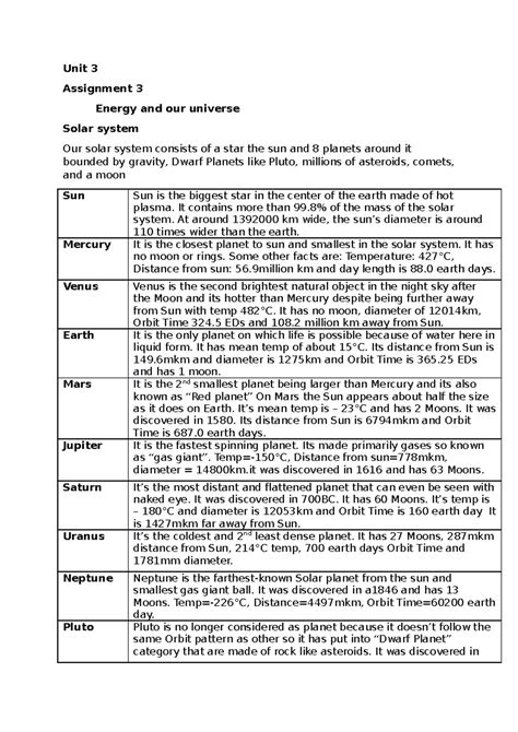 Physics Class Notes Unit 3 Assignment 3 Energy And Our Universe Solar System Our Solar