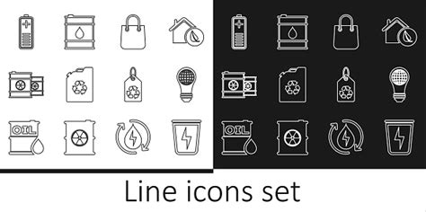 쓰레기통 전구 세계 지구본 쇼핑백 에코 연료 용기 방사성 폐기물 배럴 배터리 충전 수준 표시기 태그 재활용 및 오일 아이콘으로 라인 번개를 설정합니다 벡터 가솔린에 대한