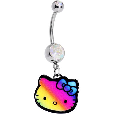 Officially Licensed Hello Kitty Cat Aurora Gem Rainbow Dangle Belly Ri