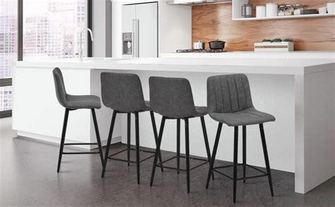 Tukailai Bar Stools Set Of 4 Grey Faux Leather Upholstered Seat