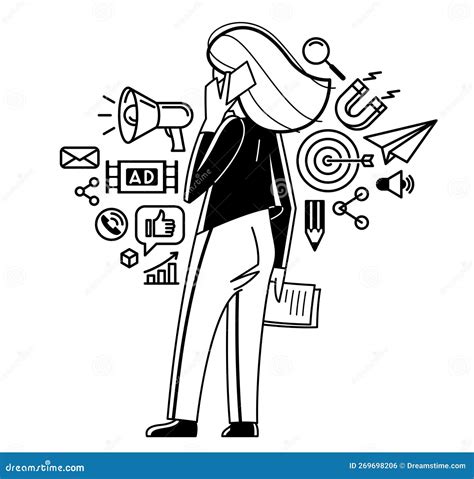 Marketing Theme Vector Outline Illustration Marketer Analyzing And Creating Plan And Strategy