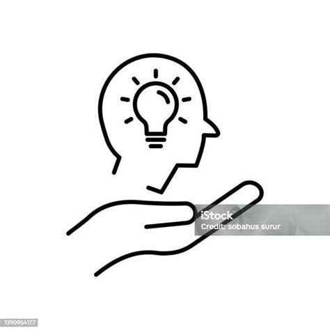 머리와 전구가있는 핸드 라인 아이콘 새로운 아이디어의 개념 아이디어 생성 과정 간단한 일러스트 모바일 개념과 웹 디자인 디자인 템플릿 벡터 개념에 대한 스톡 벡터 아트 및