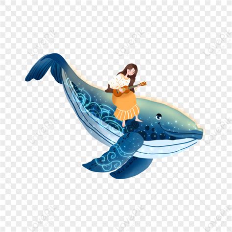 기타를 연주하는 고래의 등에 앉아있는 소녀 Png 일러스트 무료 다운로드 Lovepik