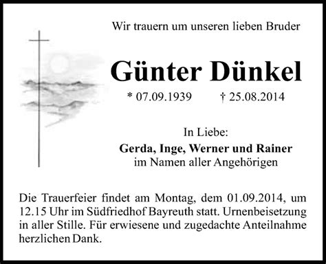 Traueranzeigen Von Günter Dünkel Nordbayerischer Kurier