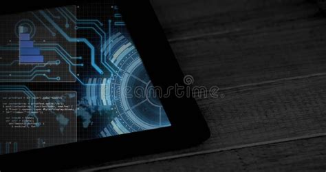 animation of blue circular scanner and processing data on screen of