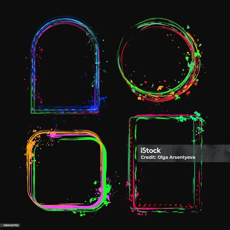복사 스페이스 페인트 브러시 스트로크 네온 밝은 색상의 산산조각난 페인트가 있는 기하학적 프레임 세트 로고 광고를 위한 가상