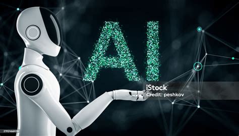 미래 지향적인 검은색 배경 개념으로 빛나는 입자와 신경망 연결이 있는 Ai 텍스트를 제시하는 로봇 3d 렌더링 0명에 대한 스톡 사진 및 기타 이미지 Istock