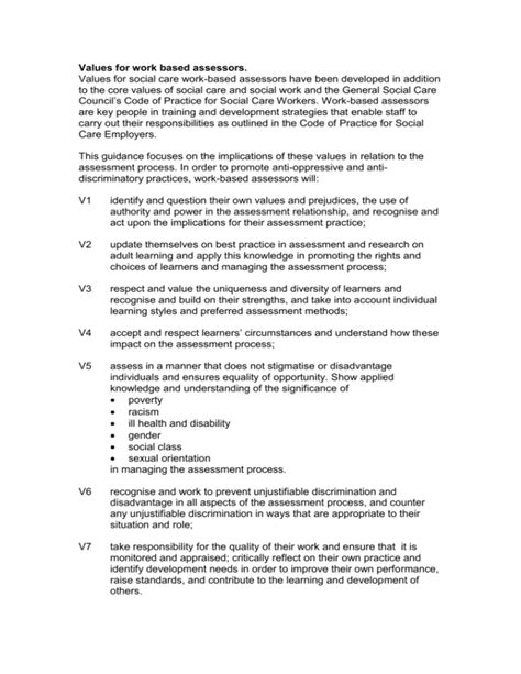 Values For Social Care Work Based Assessors