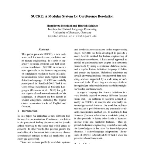Sucre A Modular System For Coreference Resolution Acl Anthology