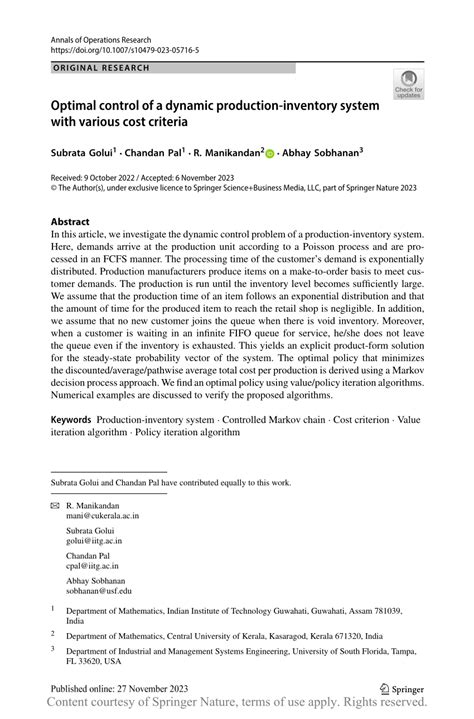 Optimal Control Of A Dynamic Production Inventory System With Various