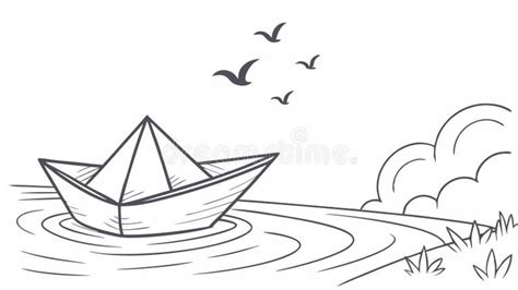 Paper Boat Illustration Simple Origami Ship Floating On Water Surface