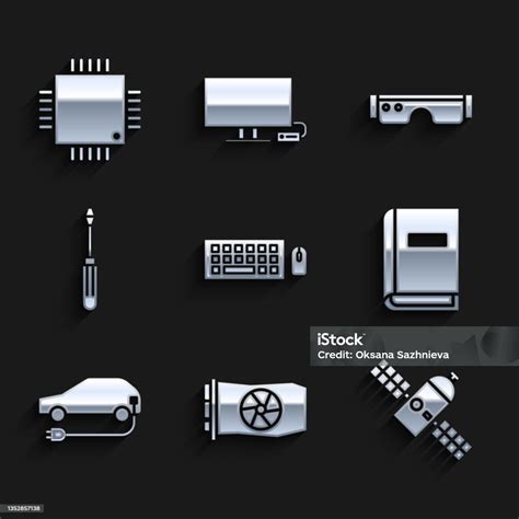 마이크로 회로 Cpu 아이콘 키보드와 마우스 비디오 그래픽 카드 위성 사용자 설명서 전기 드라이버 스마트 안경 및 프로세서를 설정합니다 벡터 Cpu에 대한 스톡 벡터 아트