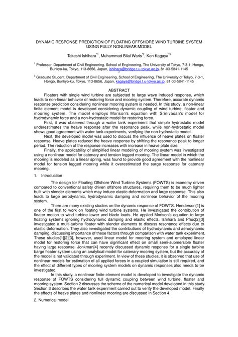PDF DYNAMIC RESPONSE PREDICTION OF FLOATING OFFSHORE WIND TURBINE SYSTEM USING FULLY NONLINEAR
