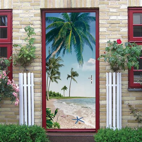 Forest Landscape Green Blue Door Stickers Home Decor Beach Tropical