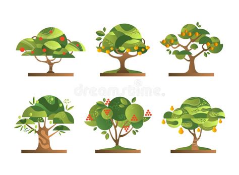 Different Fruit Trees With Green Crown And Trunk Flat Vector Set Stock Vector Illustration Of