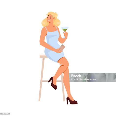 여자 캐릭터 의자에 앉아 와 스마트폰 와 유리 의 칵테일 벡터 일러스트 Brand Name Smart Phone에 대한 스톡 벡터 아트 및 기타 이미지 Istock