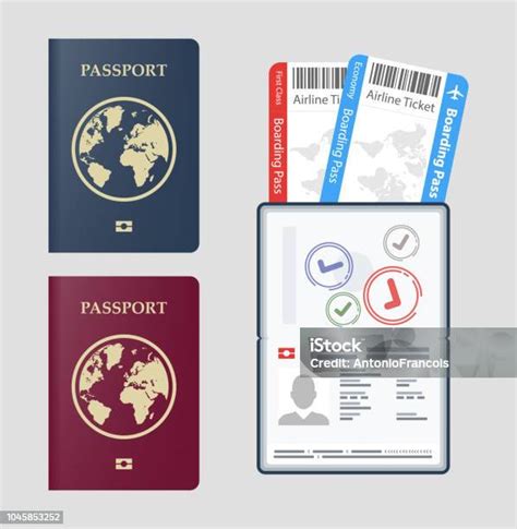 벡터 패스포트 티켓 항공 여행 개념으로 설정 합니다 고립 된 여행자에 대 한 평면 디자인 시민권 Id입니다 블루 국제 문서여권 그림 공란에 대한 스톡 벡터 아트 및 기타