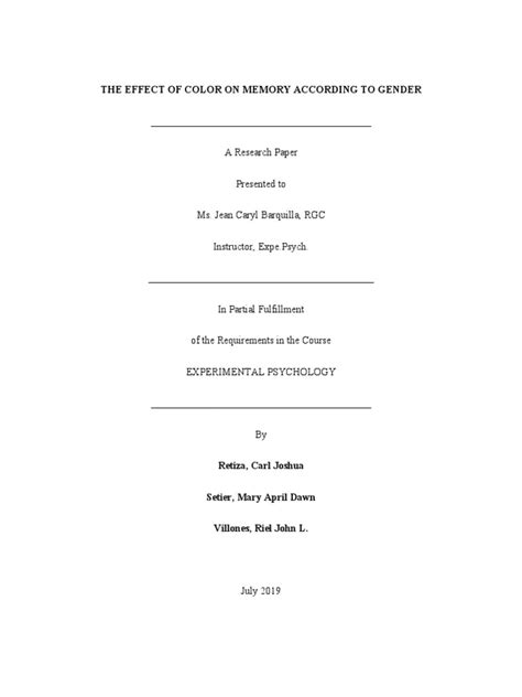 The Effect Of Color On Memory According To Gender A Study Exploring