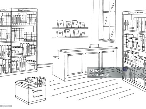 도 서가 게 매장 인테리어 그래픽 블랙 화이트 스케치 그림 벡터 검은색에 대한 스톡 벡터 아트 및 기타 이미지 검은색 흰색