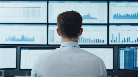 Professional Analyzing Data On Multiple Screens In Modern Office