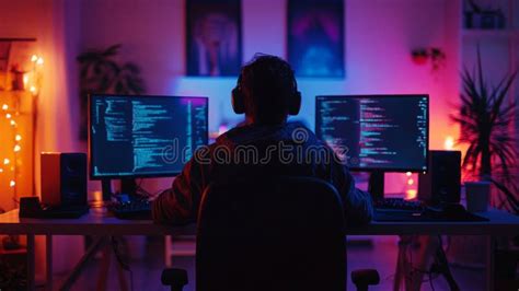 Night Coder Working On Dual Monitor Setup In A Vibrant Room Stock Illustration Illustration Of