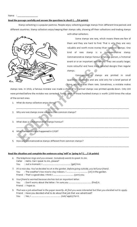 Reading Comprehension Stamp Collector And Future Tense Esl
