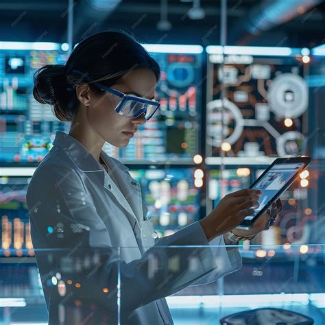 Premium Photo Woman In Lab Coat Using Tablet To Analyze Data In Front Of Screen With Graphs