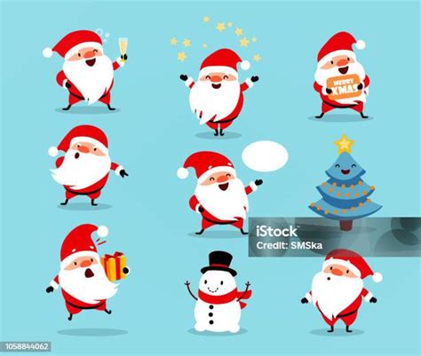 크리스마스 산타 클로스의 컬렉션입니다 재미 있는 만화 캐릭터 다른 감정의 집합입니다 밝은 파란색에 고립 된 벡터 일러스트 레이 션 산타 클로스에 대한 스톡 벡터 아트 및