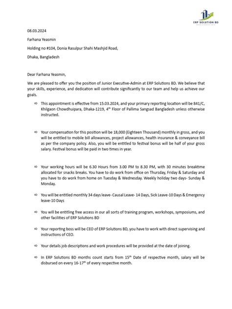 Appoinment Letter Farhana Yeasmin Pdf Salary Industrial Relations