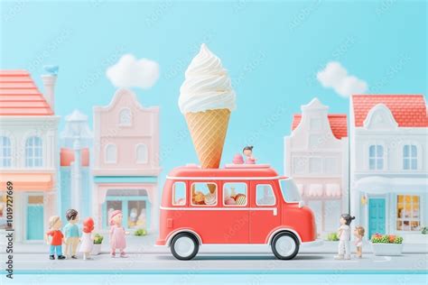Ice Cream Dreams A Whimsical Miniature Town Scene With A Red Ice Cream