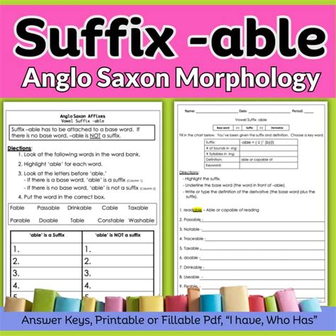 Morphology Worksheets Keys And Game Featuring Anglo Saxon Suffix Able