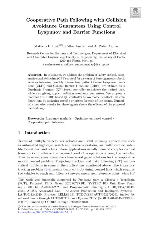 PDF Cooperative Path Following With Collision Avoidance Guarantees Using Control Lyapunov And