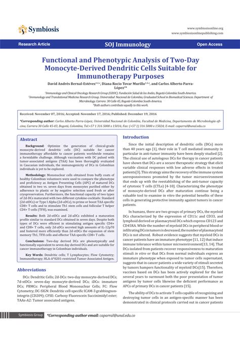 Pdf Functional And Phenotypic Analysis Of Two Day Monocyte Derived