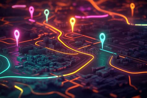 A Vibrant Digital Map With Location Markers And Illuminated Pathways