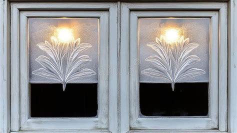Illuminated Frosted Glass Windows Floral Pattern Building Exterior