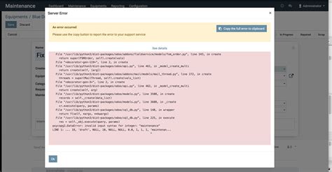 cannot create a maintenance request for fs equipment from odoo