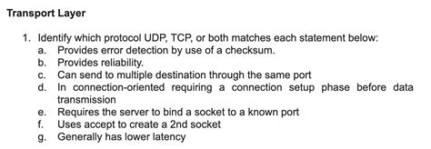 Solved Transport Layer 1. Identify which protocol UDP, TCP, | Chegg.com