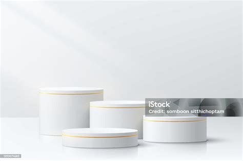 사실적인 흰색과 황금색 3d 실린더 받침대 연단이 깨끗한 추상적 인 방에 자리 잡고 있습니다 모형 제품을위한 고급 최소한의 벽 장면 쇼케이스 무대 프로모션 디스플레이 벡터